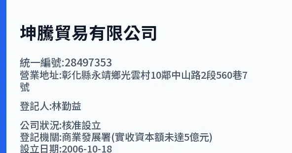 坤騰貿易有限公司的照片-統編 28497353(彰化縣) 公司登記資料與營業項目詳細圖表