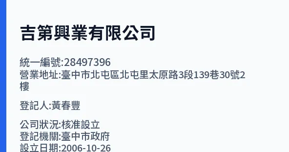吉第興業有限公司的照片-統編 28497396(臺中市) 公司登記資料與營業項目詳細圖表