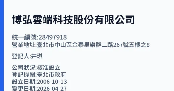 博弘雲端科技股份有限公司的照片-統編 28497918(臺北市) 公司登記資料與營業項目詳細圖表