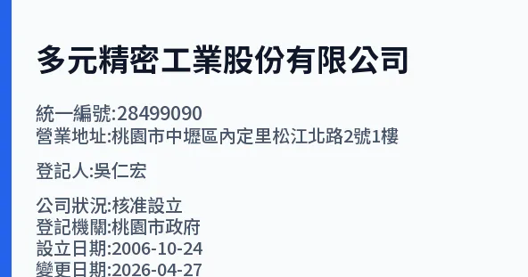 多元精密工業股份有限公司的照片-統編 28499090(桃園市) 公司登記資料與營業項目詳細圖表