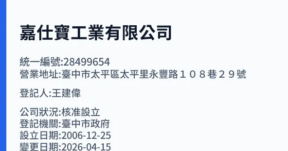 嘉仕寶工業有限公司的照片-統編 28499654(臺中市) 公司登記資料與營業項目詳細圖表