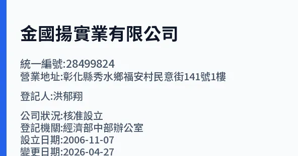 金國揚實業有限公司的照片-統編 28499824(彰化縣) 公司登記資料與營業項目詳細圖表