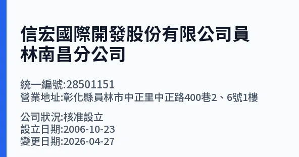 信宏國際開發股份有限公司員林南昌分公司的照片-統編 28501151(彰化縣) 公司登記資料與營業項目詳細圖表