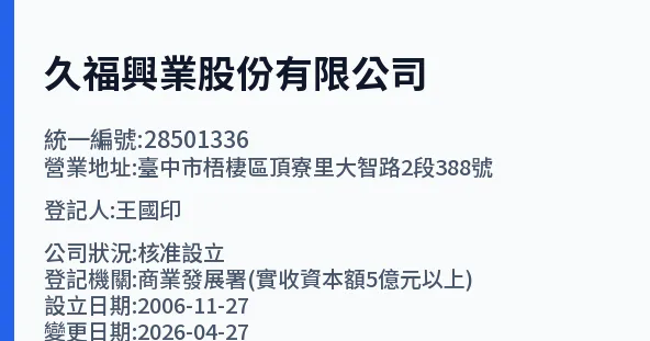 久福興業股份有限公司的照片-統編 28501336(臺中市) 公司登記資料與營業項目詳細圖表