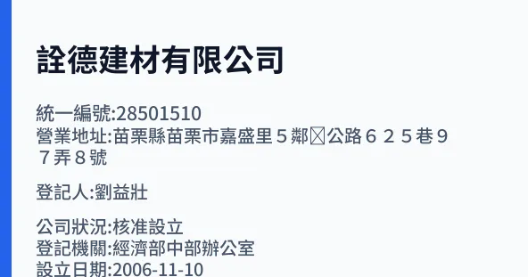 詮德建材有限公司的照片-統編 28501510(苗栗縣) 公司登記資料與營業項目詳細圖表