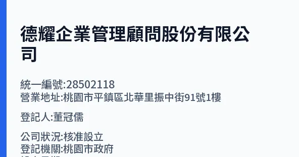 德耀企業管理顧問股份有限公司的照片-統編 28502118(桃園市) 公司登記資料與營業項目詳細圖表