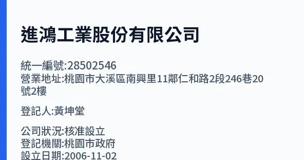 進鴻工業股份有限公司的照片-統編 28502546(桃園市) 公司登記資料與營業項目詳細圖表