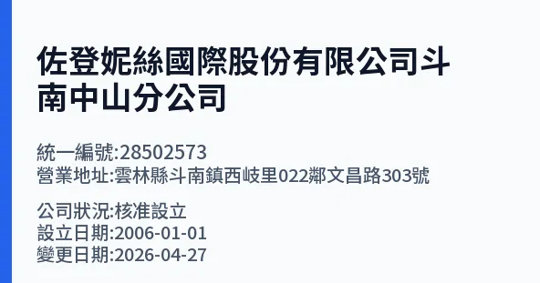 佐登妮絲國際股份有限公司斗南中山分公司的照片-統編 28502573(雲林縣) 公司登記資料與營業項目詳細圖表