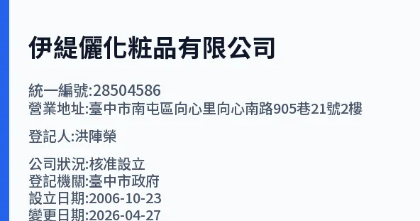 伊緹儷化粧品有限公司的照片-統編 28504586(臺中市) 公司登記資料與營業項目詳細圖表
