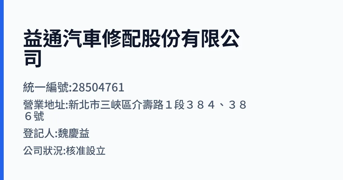 益通汽車修配股份有限公司 - 統編 28504761(新北市) 公司登記資料與營業項目詳細圖表