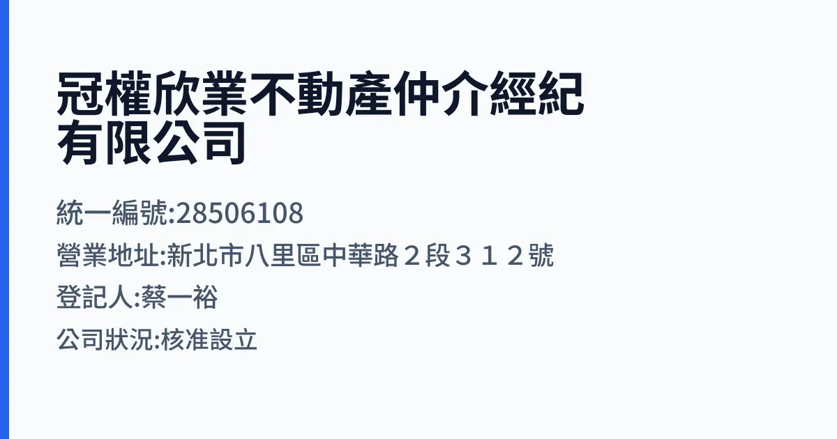 冠權欣業不動產仲介經紀有限公司 - 統編 28506108(新北市) 公司登記資料與營業項目詳細圖表