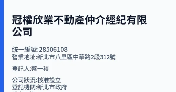 冠權欣業不動產仲介經紀有限公司的照片-統編 28506108(新北市) 公司登記資料與營業項目詳細圖表