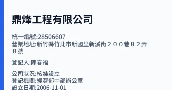 鼎烽工程有限公司的照片-統編 28506607(新竹縣) 公司登記資料與營業項目詳細圖表