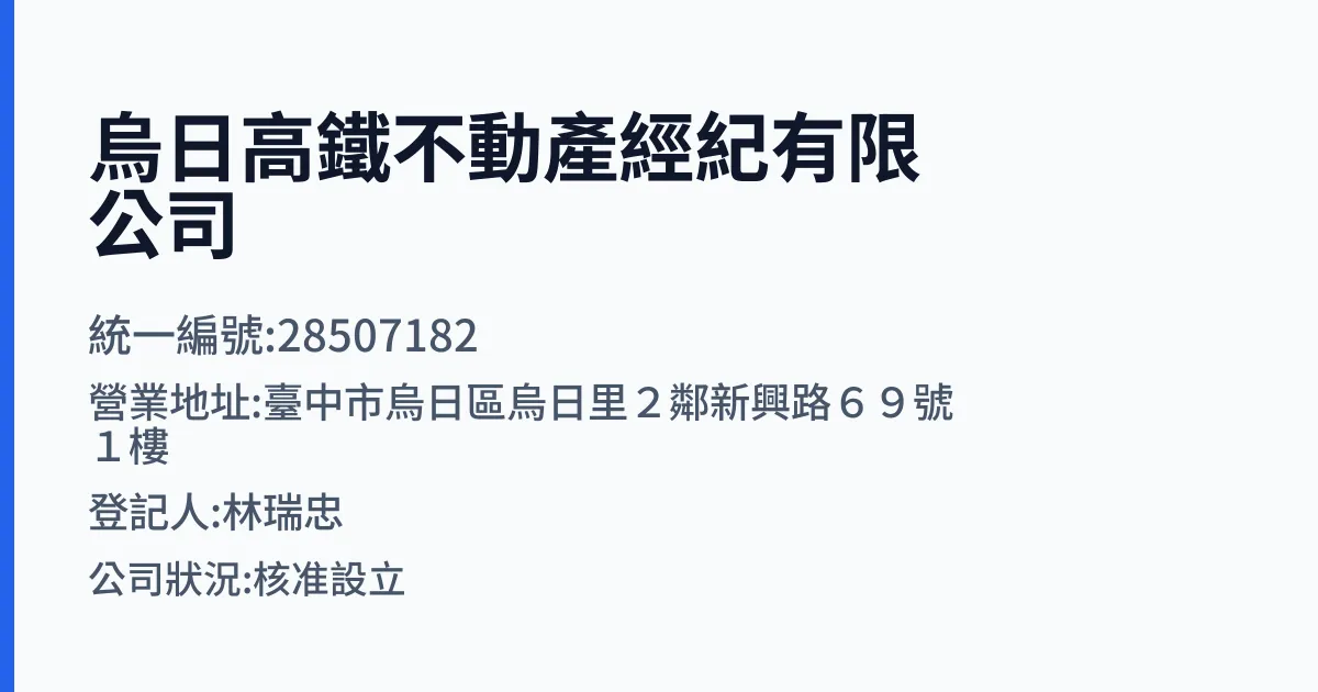 烏日高鐵不動產經紀有限公司 - 統編 28507182(臺中市) 公司登記資料與營業項目詳細圖表