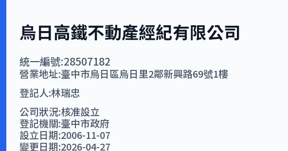 烏日高鐵不動產經紀有限公司的照片-統編 28507182(臺中市) 公司登記資料與營業項目詳細圖表