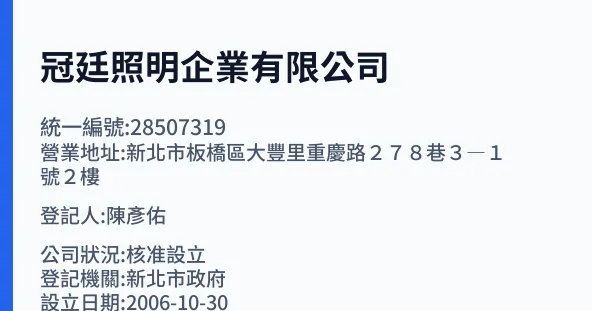 冠廷照明企業有限公司的照片-統編 28507319(新北市) 公司登記資料與營業項目詳細圖表