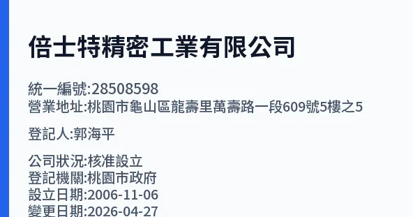 倍士特精密工業有限公司的照片-統編 28508598(桃園市) 公司登記資料與營業項目詳細圖表