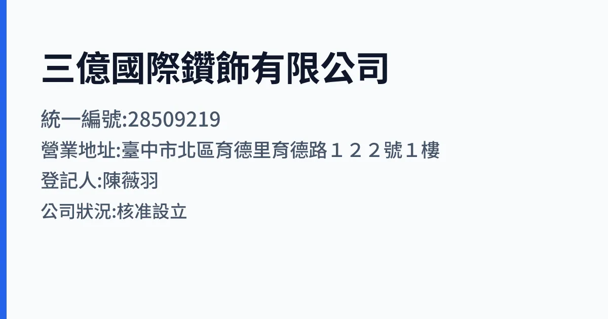 三億國際鑽飾有限公司 - 統編 28509219(臺中市) 公司登記資料與營業項目詳細圖表