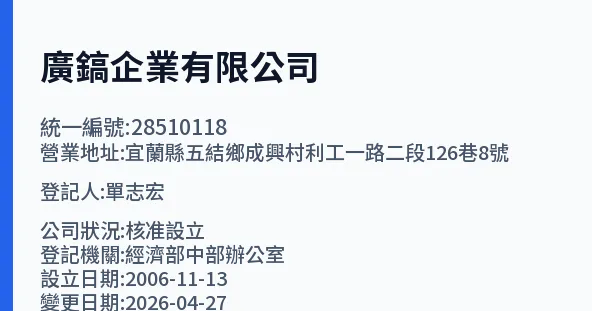 廣鎬企業有限公司的照片-統編 28510118(宜蘭縣) 公司登記資料與營業項目詳細圖表
