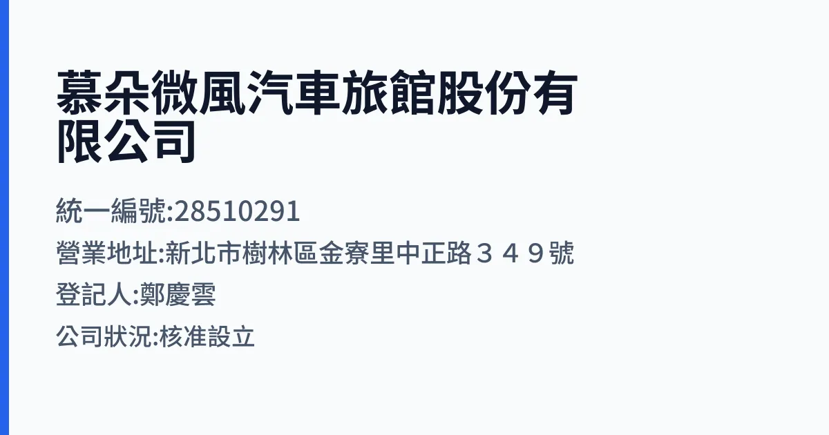 慕朵微風汽車旅館股份有限公司 - 統編 28510291(新北市) 公司登記資料與營業項目詳細圖表