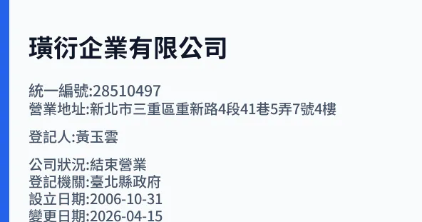 璜衍企業有限公司的照片-統編 28510497(新北市) 公司登記資料與營業項目詳細圖表