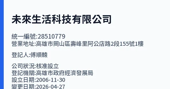 未來生活科技有限公司的照片-統編 28510779(高雄市) 公司登記資料與營業項目詳細圖表