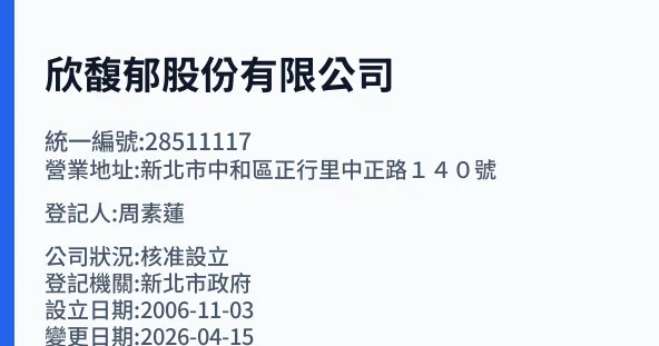 欣馥郁股份有限公司的照片-統編 28511117(新北市) 公司登記資料與營業項目詳細圖表