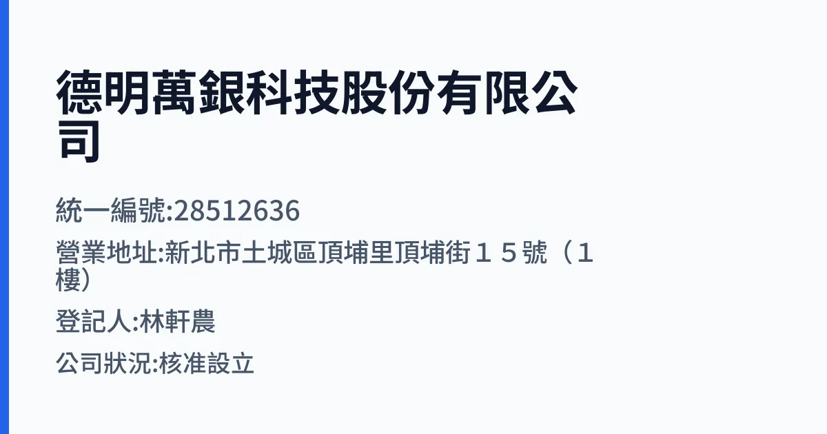 德明萬銀科技股份有限公司 - 統編 28512636(新北市) 公司登記資料與營業項目詳細圖表