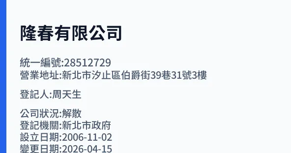 隆春有限公司的照片-統編 28512729(新北市) 公司登記資料與營業項目詳細圖表
