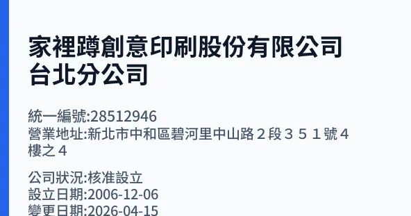 家裡蹲創意印刷股份有限公司台北分公司的照片-統編 28512946(新北市) 公司登記資料與營業項目詳細圖表
