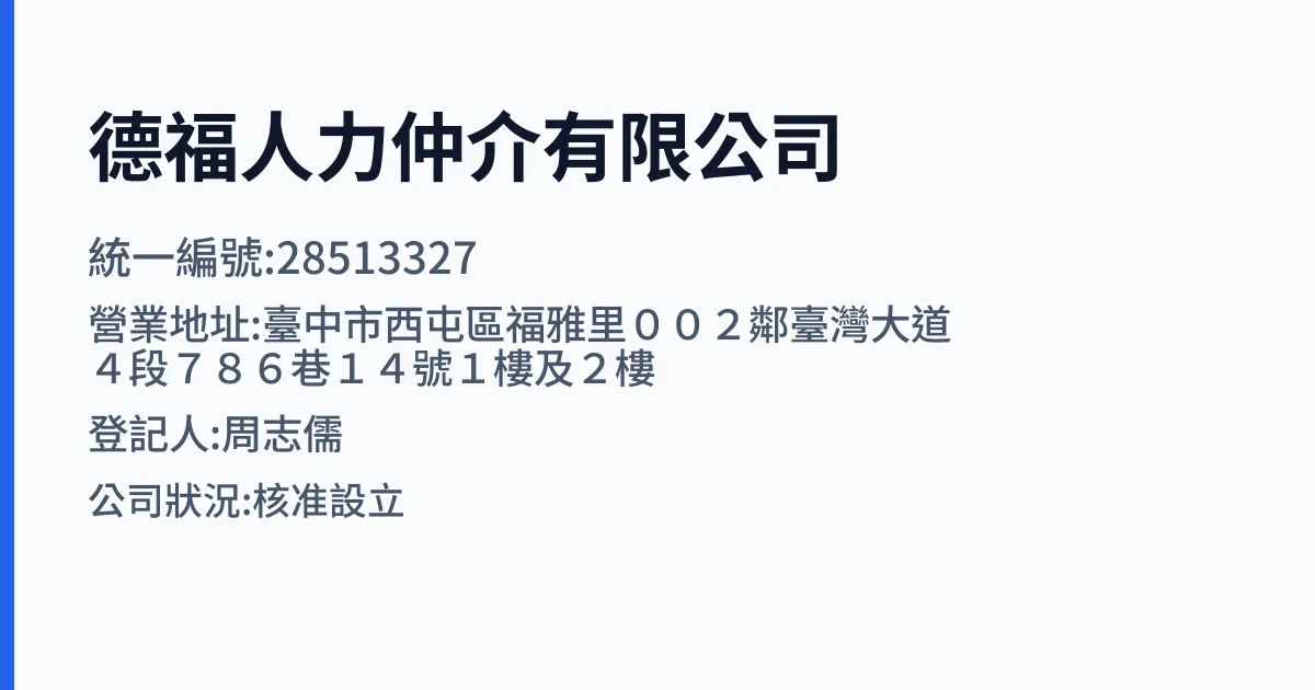 德福人力仲介有限公司 - 統編 28513327(臺中市) 公司登記資料與營業項目詳細圖表