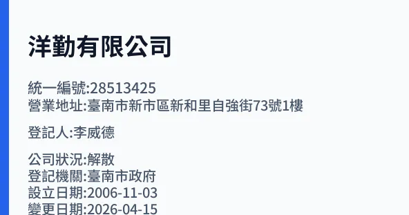 洋勤有限公司的照片-統編 28513425(臺南市) 公司登記資料與營業項目詳細圖表