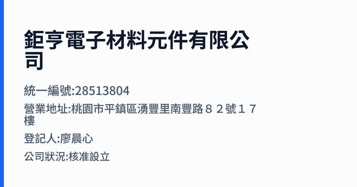 鉅亨電子材料元件有限公司 - 統編 28513804(桃園市) 公司登記資料與營業項目詳細圖表