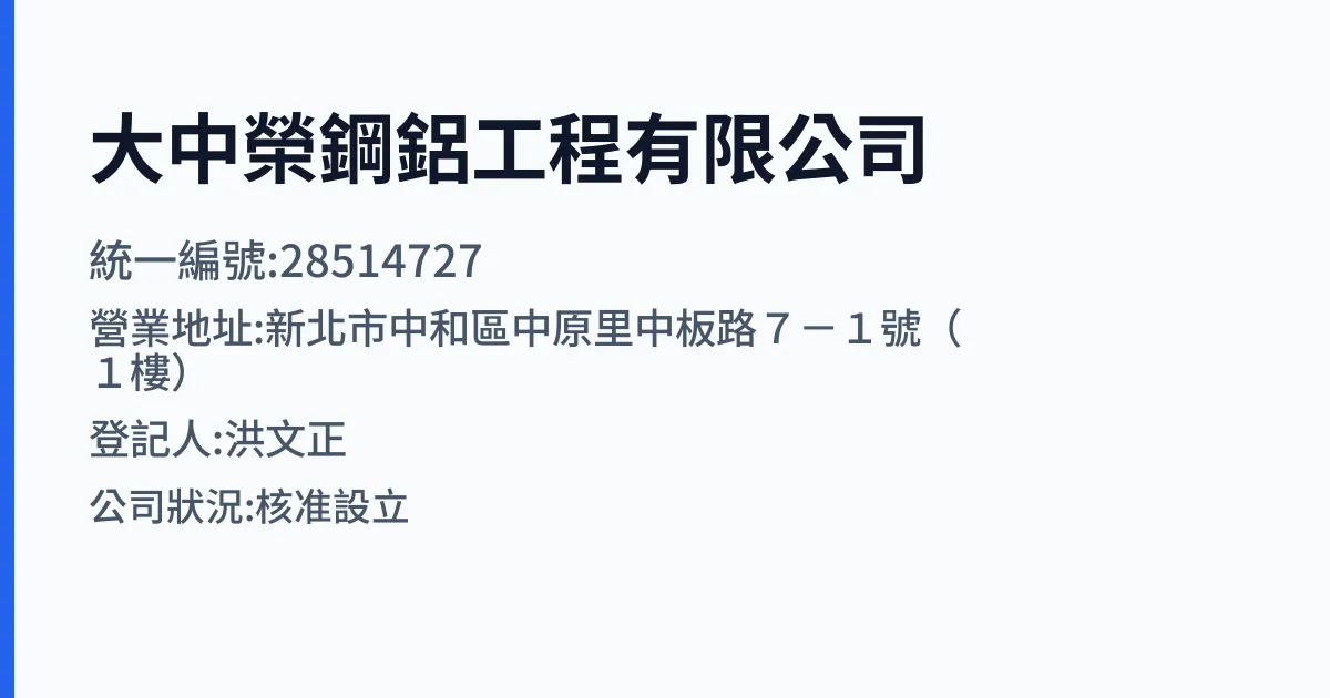 大中榮鋼鋁工程有限公司 - 統編 28514727(新北市) 公司登記資料與營業項目詳細圖表