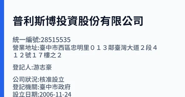 普利斯博投資股份有限公司的照片-統編 28515535(臺中市) 公司登記資料與營業項目詳細圖表