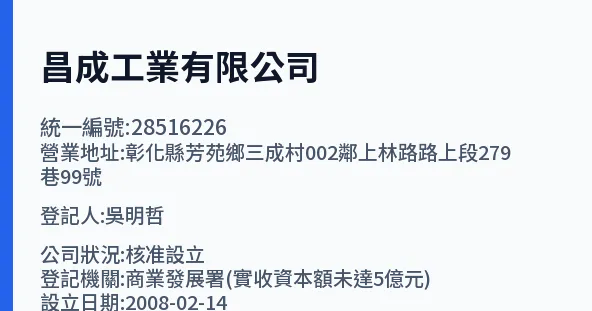 昌成工業有限公司的照片-統編 28516226(彰化縣) 公司登記資料與營業項目詳細圖表