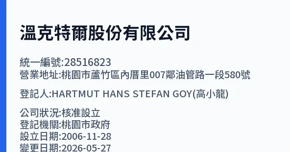 溫克特爾股份有限公司的照片-統編 28516823(桃園市) 公司登記資料與營業項目詳細圖表