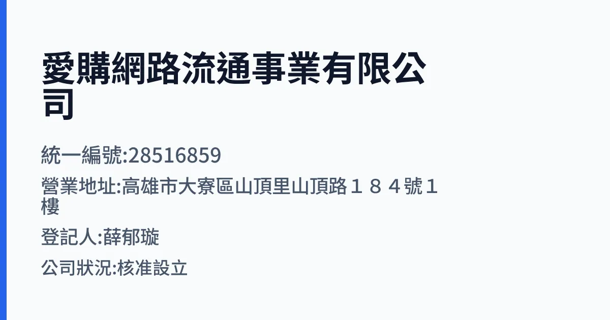 愛購網路流通事業有限公司 - 統編 28516859（高雄市） 公司登記資料與營業項目詳細圖表
