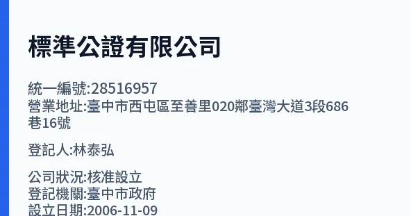 標準公證有限公司的照片-統編 28516957(臺中市) 公司登記資料與營業項目詳細圖表