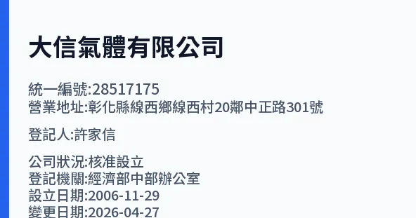 大信氣體有限公司的照片-統編 28517175(彰化縣) 公司登記資料與營業項目詳細圖表