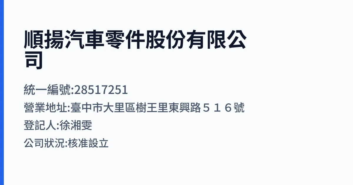 順揚汽車零件股份有限公司 - 統編 28517251(臺中市) 公司登記資料與營業項目詳細圖表