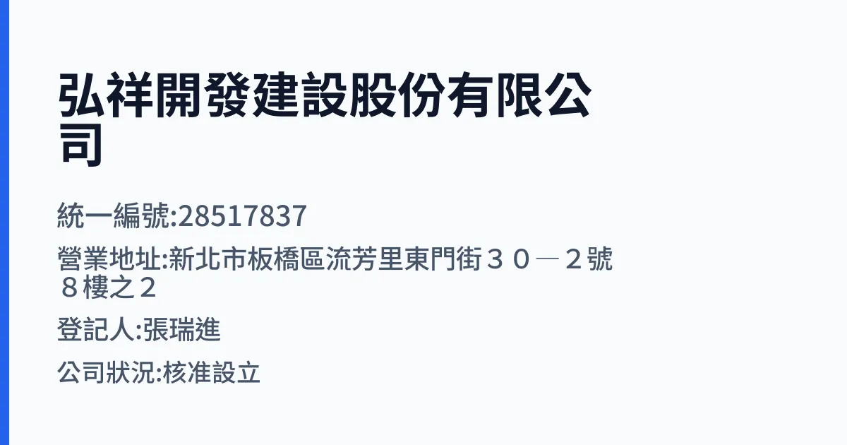 弘祥開發建設股份有限公司 - 統編 28517837(新北市) 公司登記資料與營業項目詳細圖表