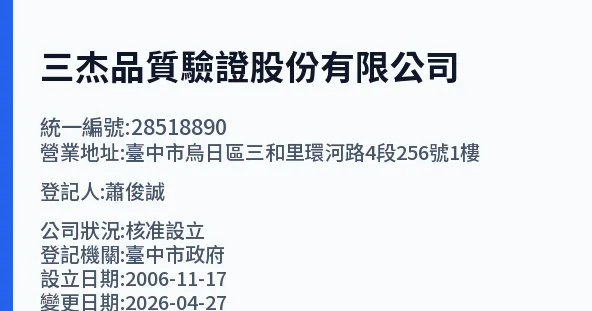 三杰品質驗證股份有限公司的照片-統編 28518890(臺中市) 公司登記資料與營業項目詳細圖表