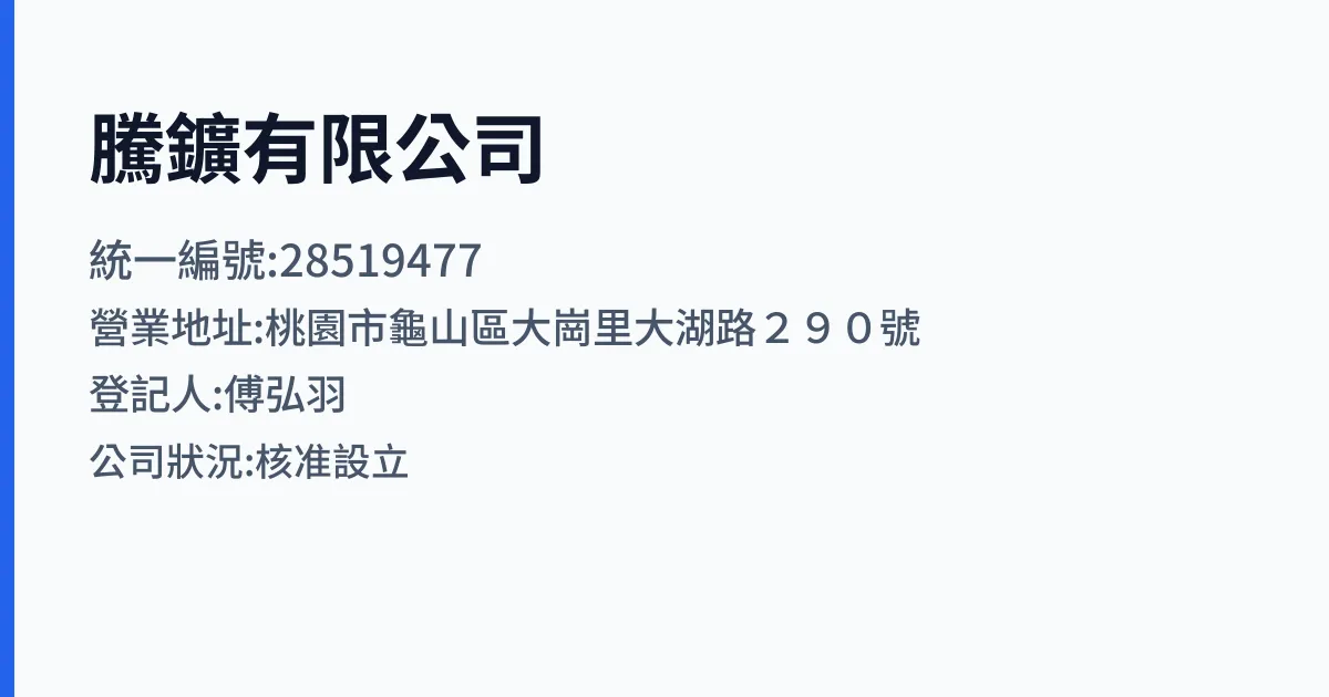 騰鑛有限公司 - 統編 28519477(桃園市) 公司登記資料與營業項目詳細圖表