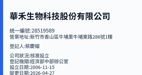 華禾生物科技股份有限公司的照片-統編 28519589(新竹市) 公司登記資料與營業項目詳細圖表
