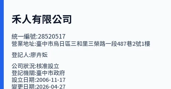 禾人有限公司的照片-統編 28520517(臺中市) 公司登記資料與營業項目詳細圖表