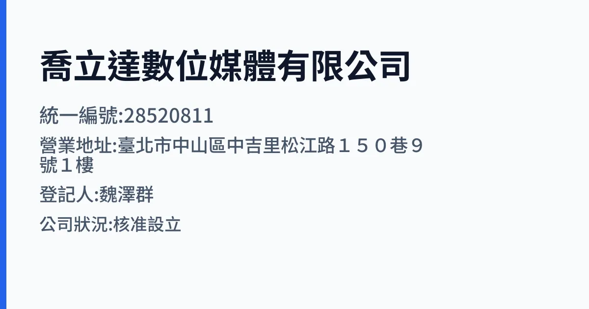 喬立達數位媒體有限公司 - 統編 28520811(臺北市) 公司登記資料與營業項目詳細圖表