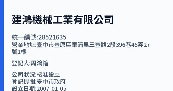 建鴻機械工業有限公司的照片-統編 28521635(臺中市) 公司登記資料與營業項目詳細圖表