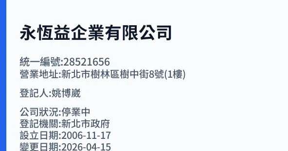 永恆益企業有限公司的照片-統編 28521656(新北市) 公司登記資料與營業項目詳細圖表