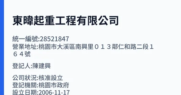 東暐起重工程有限公司的照片-統編 28521847(桃園市) 公司登記資料與營業項目詳細圖表